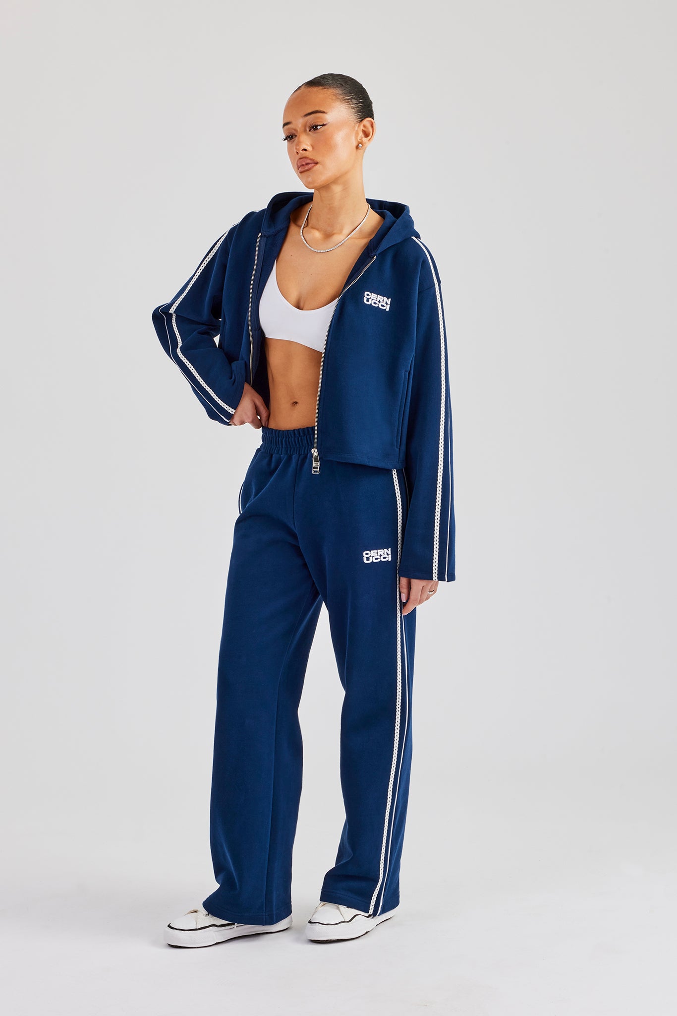Boxy Lace Edge Zip Through Tracksuit - Navy Blue | Womens Sets | Shop ...